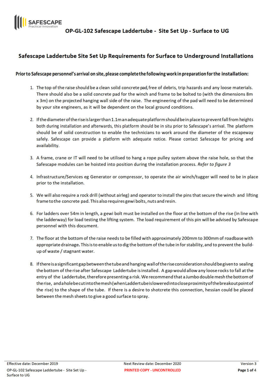 OP-GL-102 Safescape Laddertube - Site Set Up - Surface to UG | Safescape Extranet